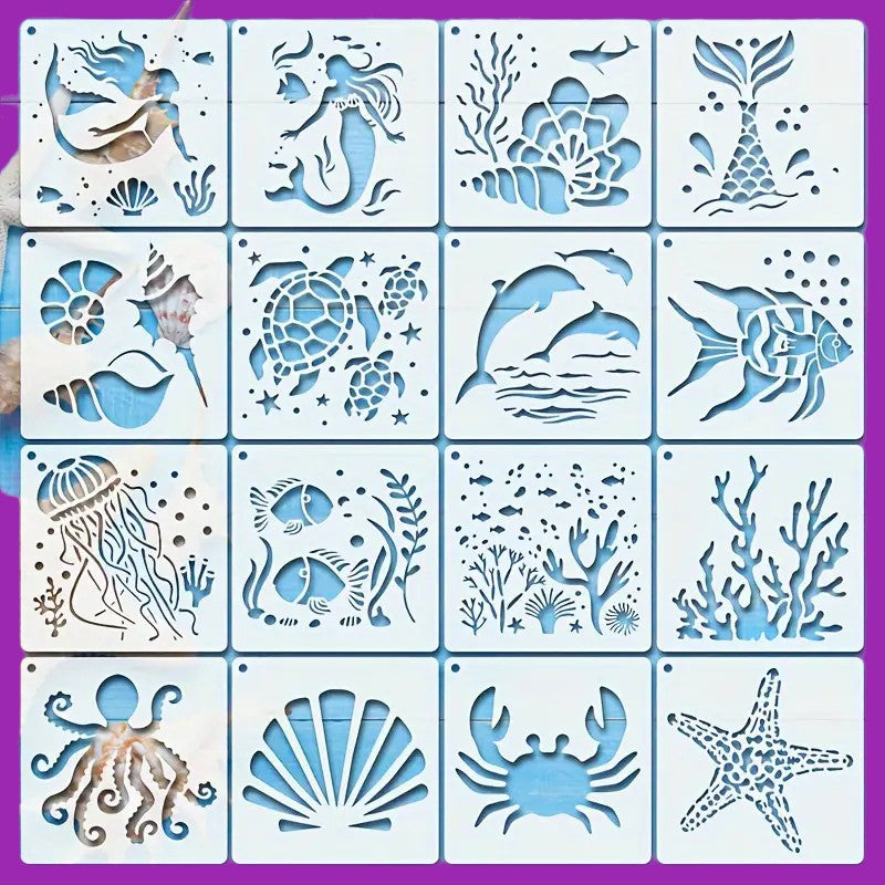 "16pcs Sea Life Stencils Set: Reusable Mermaid Stencils for Ocean-them ...